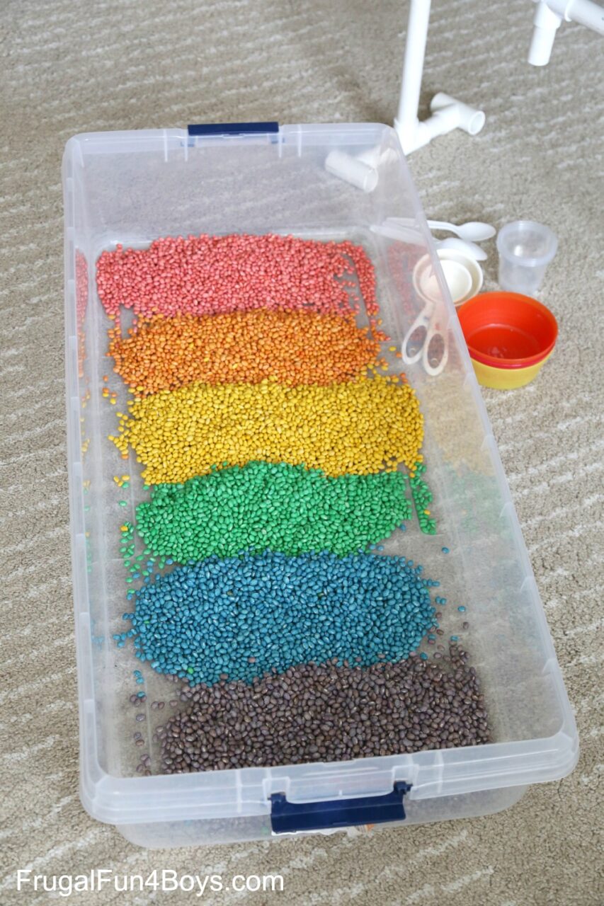 Sensory Play with Funnels, Tubes, and Colored Beans - Frugal Fun For ...