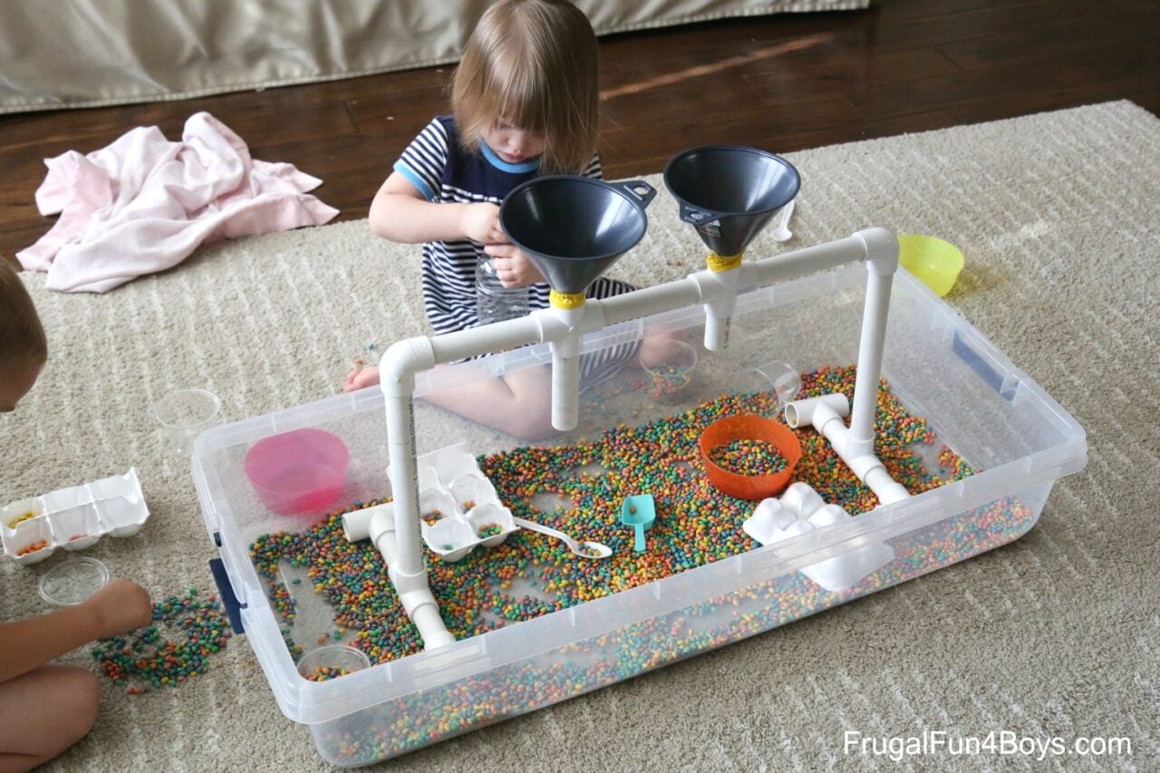 Sensory Play with Funnels, Tubes, and Colored Beans - Frugal Fun For ...