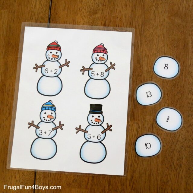 Snowman Addition Match-Up Printable Math Game - Frugal Fun For Boys and ...